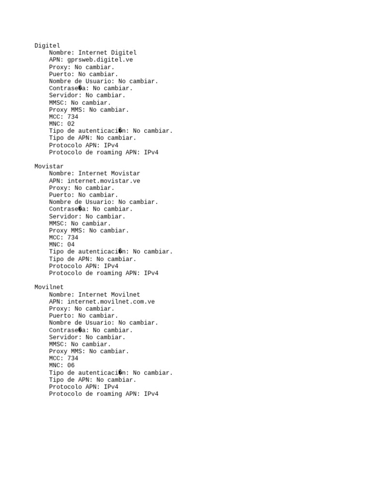 Configuración APN para Digitel, Movistar y Movilnet | PDF