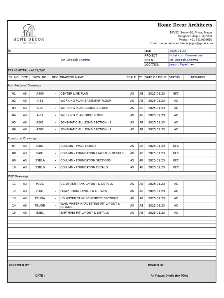Transmittal T01 2025-01-23 | PDF | Architectural Design | Architecture