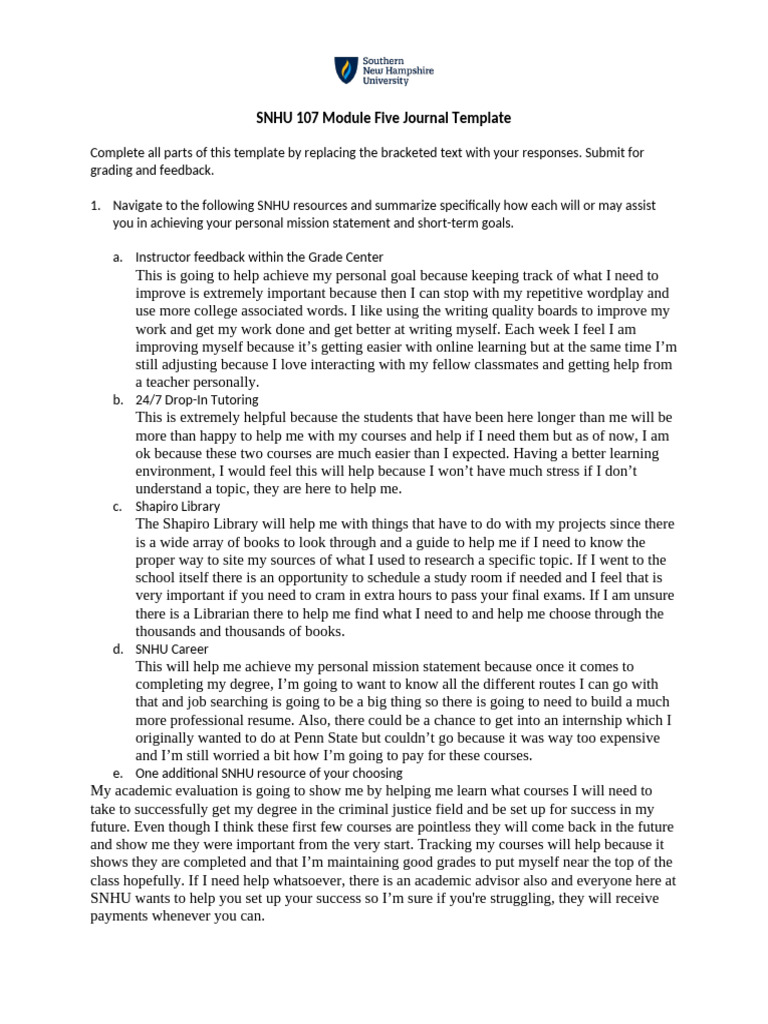 SNHU 107 Module Five Journal Template | PDF | Behavior Modification ...
