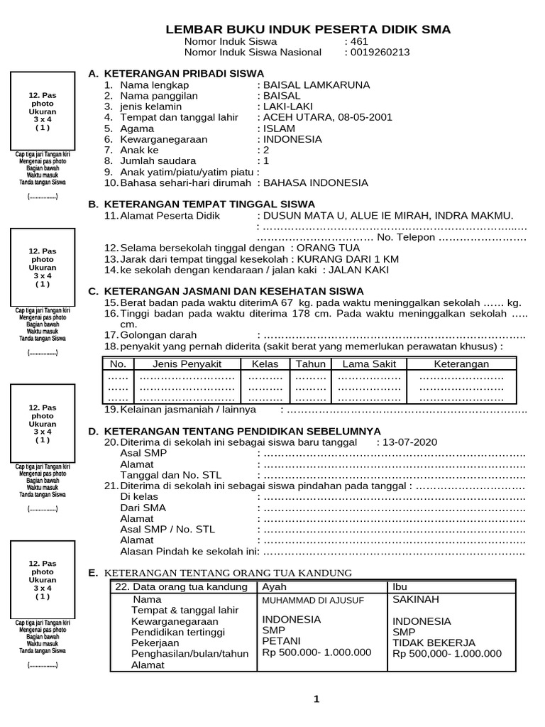 Contoh Format Buku Induk Siswa SMA - 2 | PDF