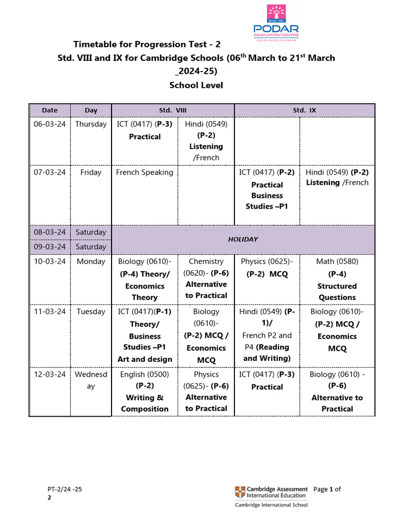 MSG - 105 - 710118 - Cambridge - Timetable - STD VIII - IX - PT2 | PDF