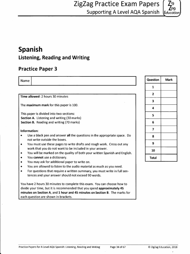 ZigZag Spanish Practice Paper 3 | PDF