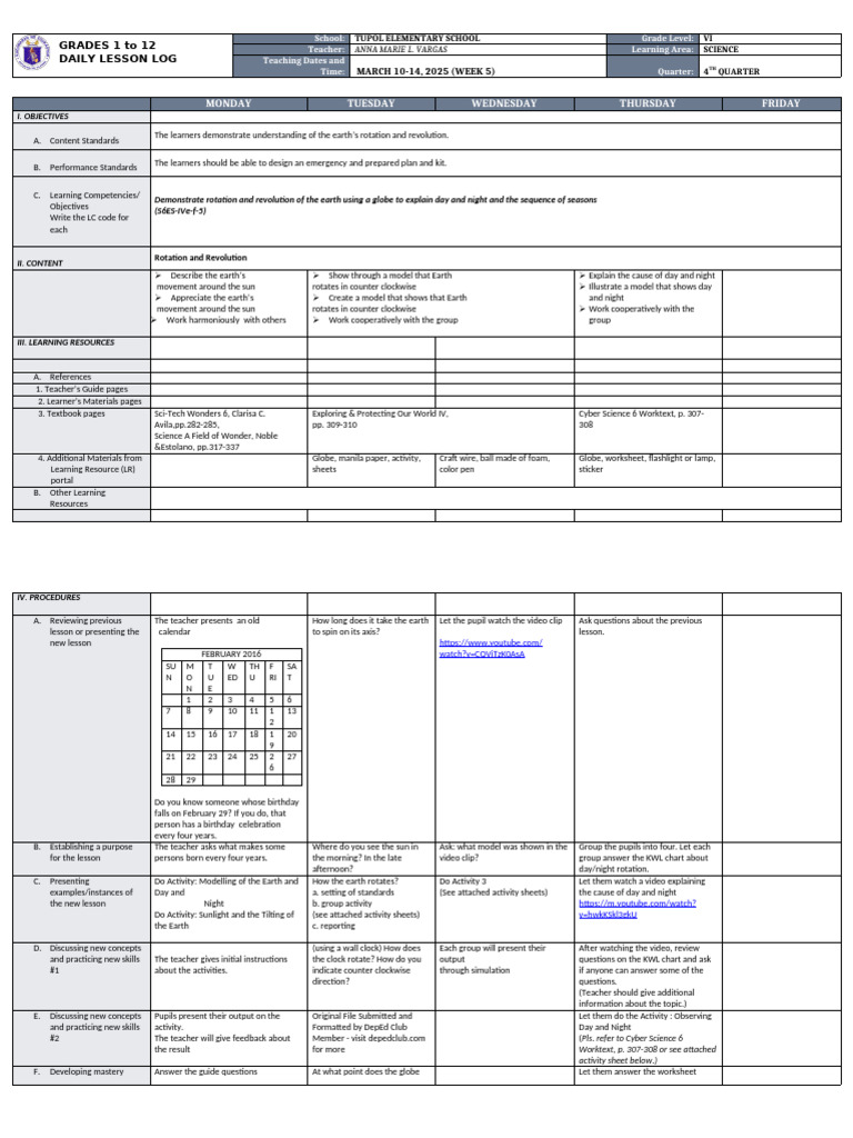 DLL_SCIENCE 6_Q4_W5 | PDF | Night | Rotation