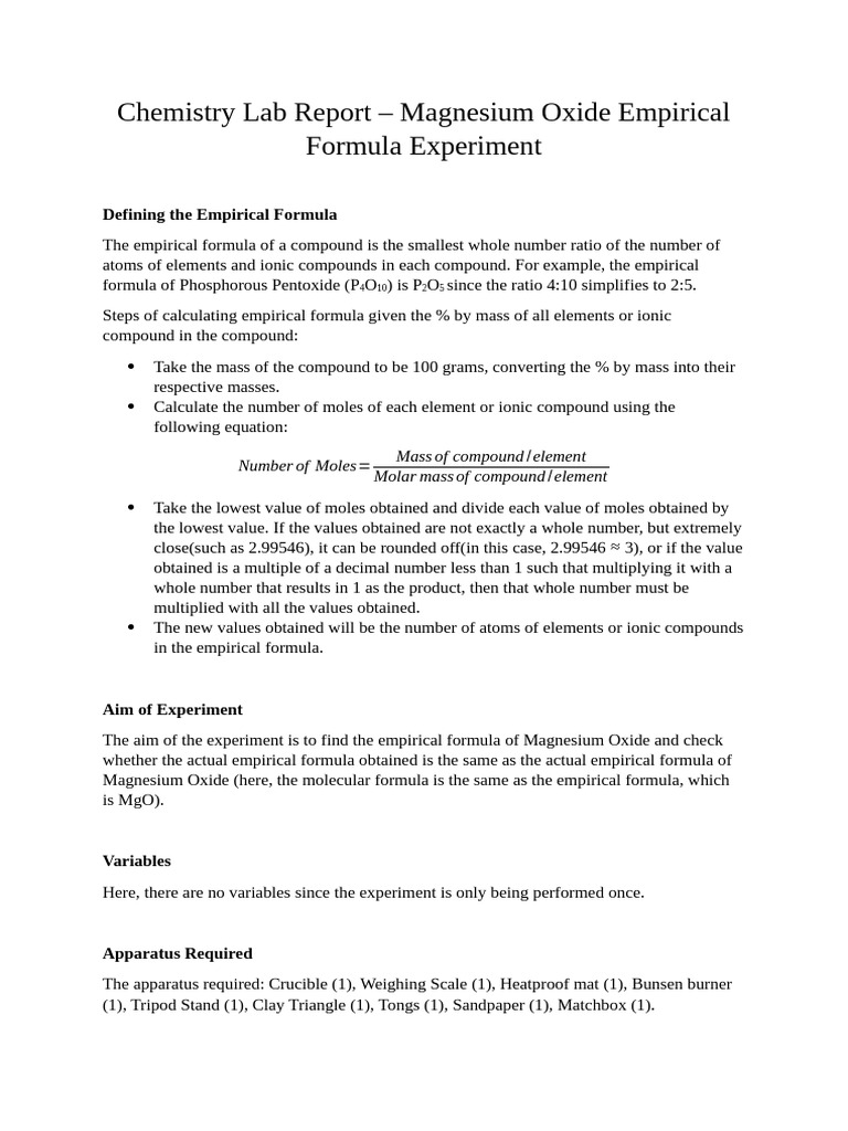 Magnesium Oxide Empirical Formula Lab Report | PDF | Mole (Unit ...