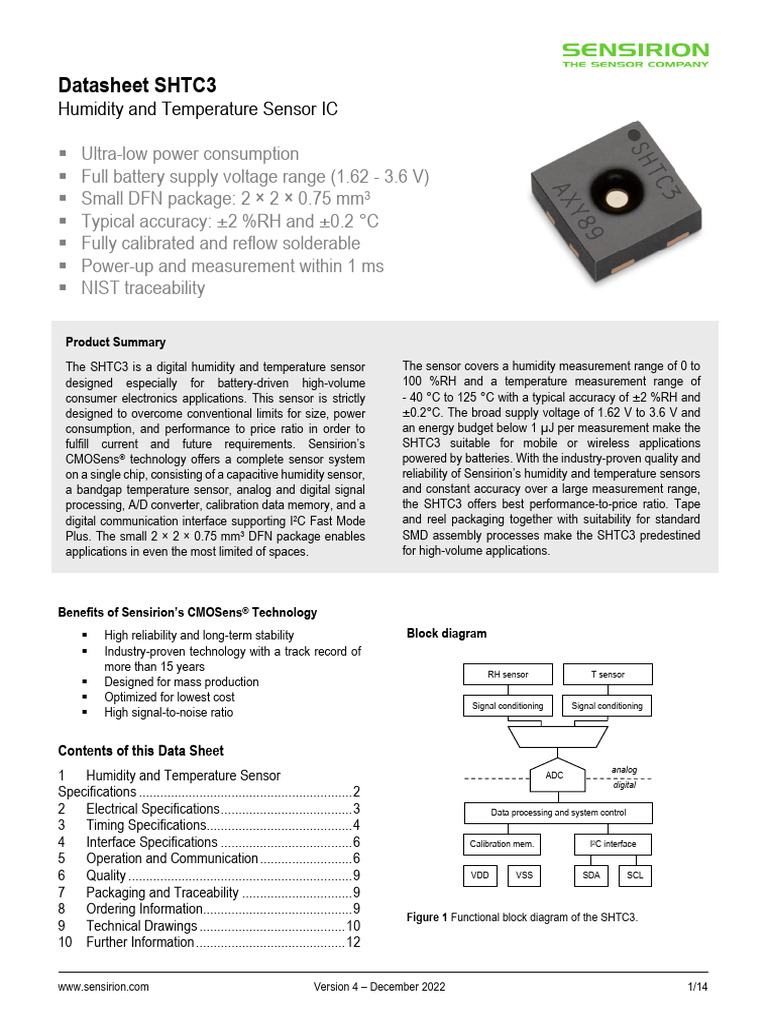 Datasheet SHTC3_T&H sensor | PDF | Calibration | Sensor