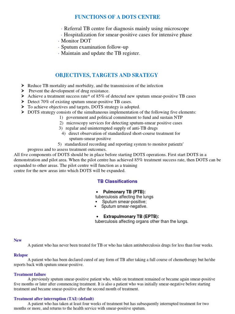 Functions and Objectives of DOTS Centres | PDF | Tuberculosis ...
