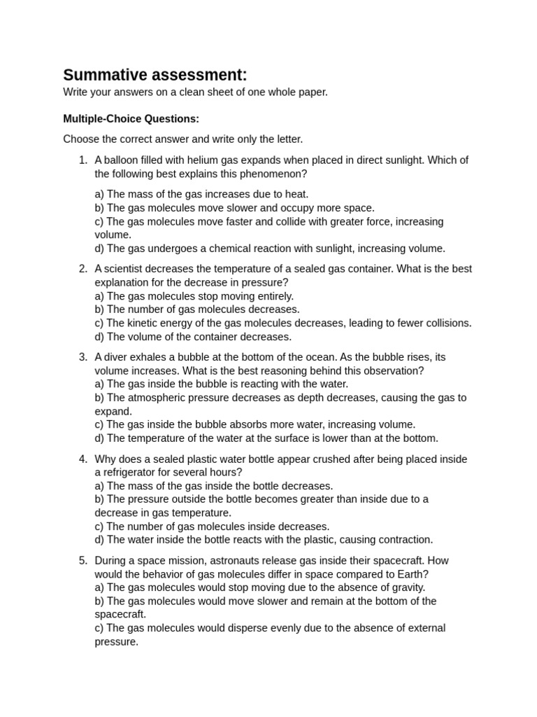 Summative Assessment SCIENCE | PDF | Gases | Balloon