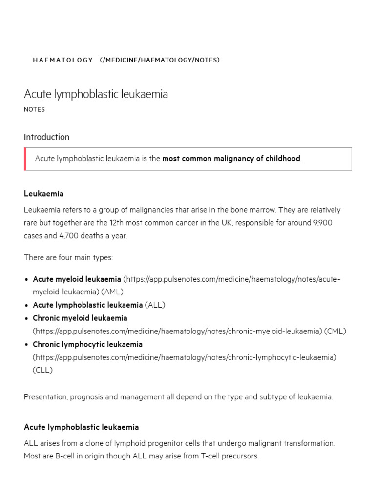 Acute Lymphoblastic Leukaemia Overview Pdf Leukemia Hematopoietic