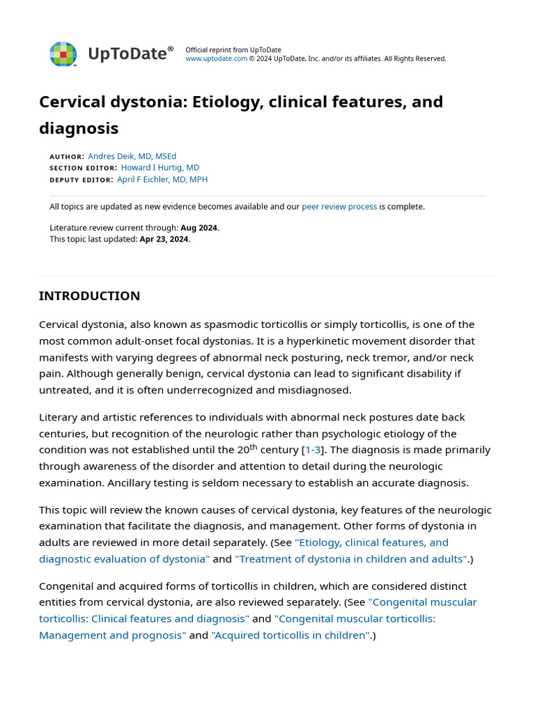 Cervical Dystonia - Etiology, Clinical Features, and Diagnosis ...