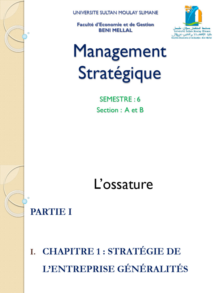 Cours Management Stratégique S6 2024-2025 CHAPITRE I | PDF | Gestion stratégique | Business