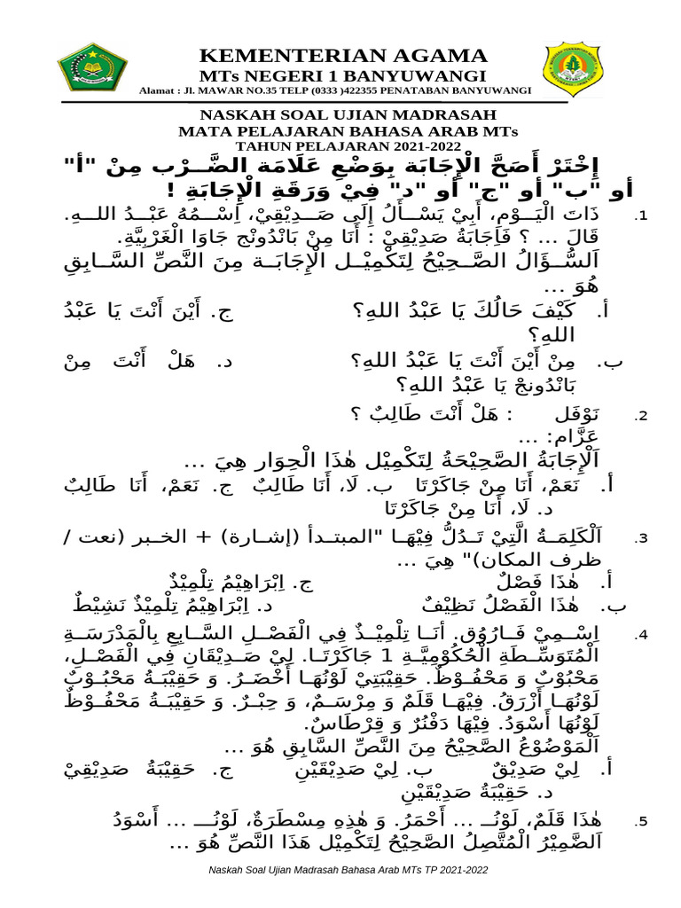 Soal Ujian Madrasah Bahasa Arab MTs TP 2021-2022 - MTs Arabic | PDF