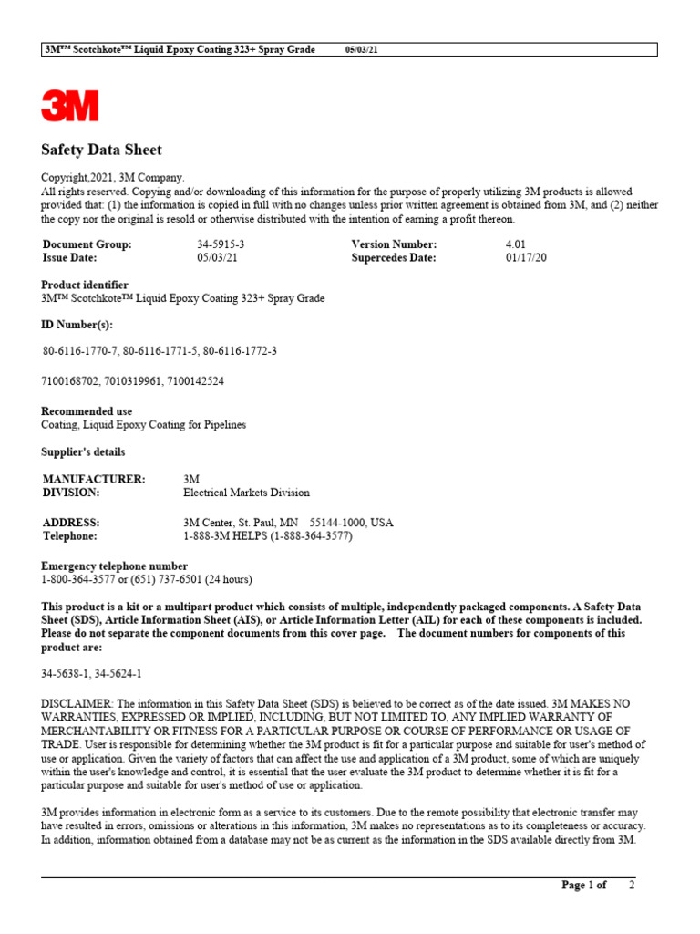 MSDS Scotchkote-Liquid-Epoxy-Coating-323 - 5-Rev-A - R3 | PDF | Waste ...