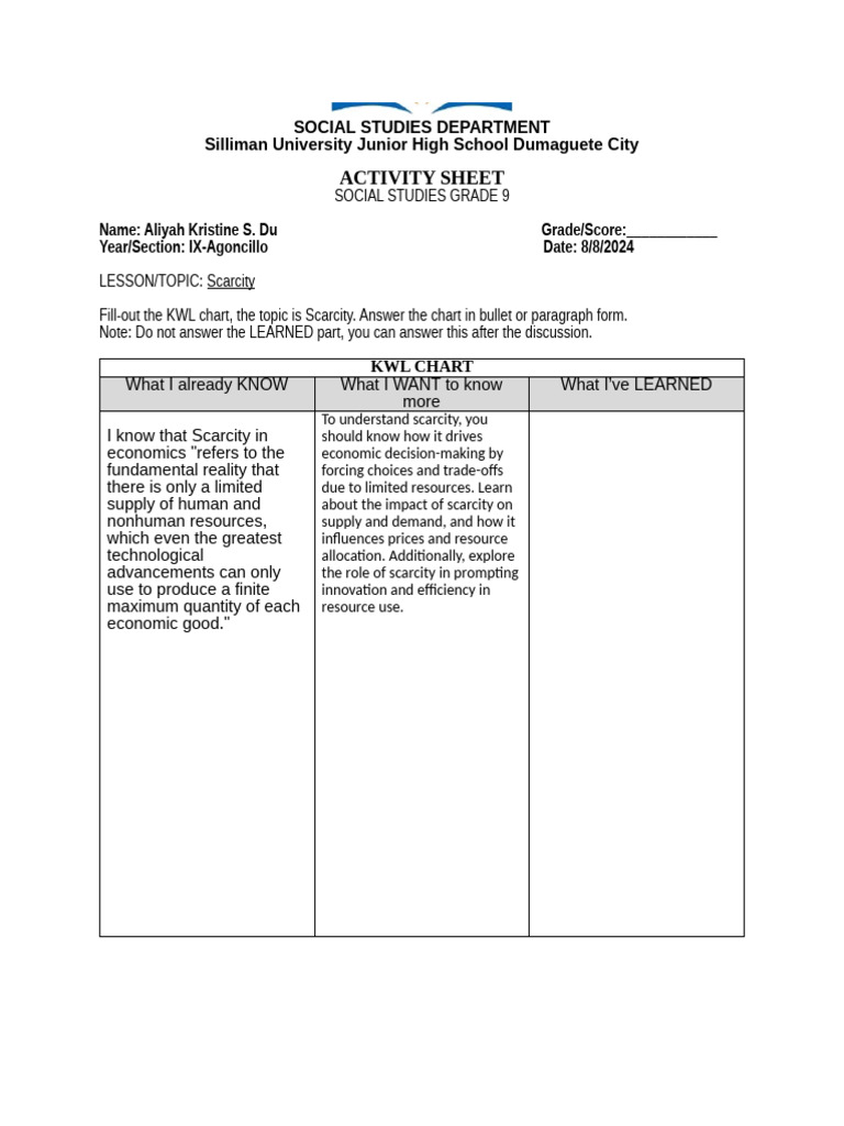 (DU) Activity 1 KWL Scarcity | PDF