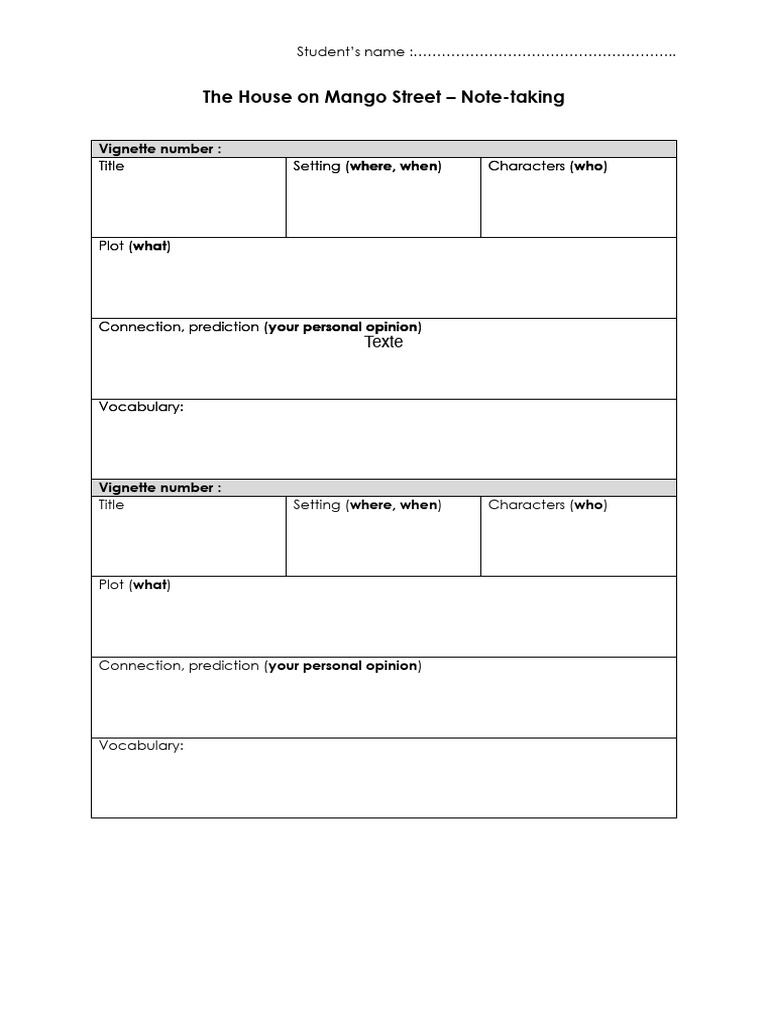 Blank Vignette Model - The House on Mango Street | PDF