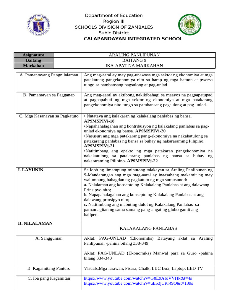 Asignatura Baitang Markahan: Calapandayan Integrated School | PDF