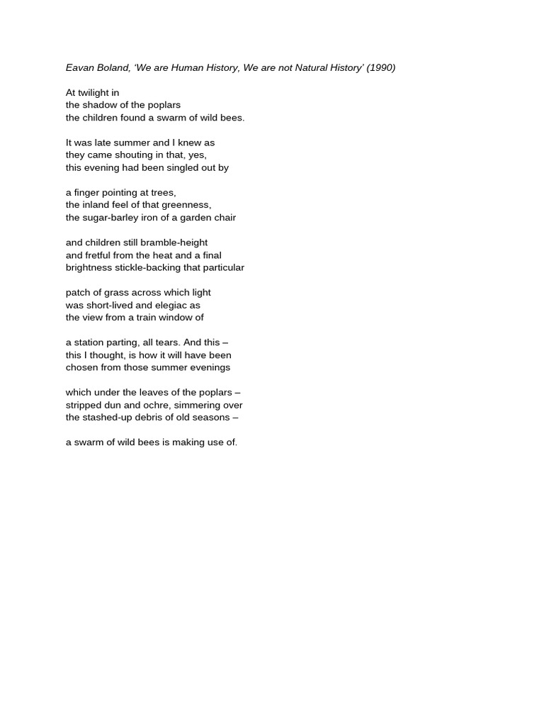 Eavan Boland, We Are Human History, We Are Not Natural History' (1990 ...