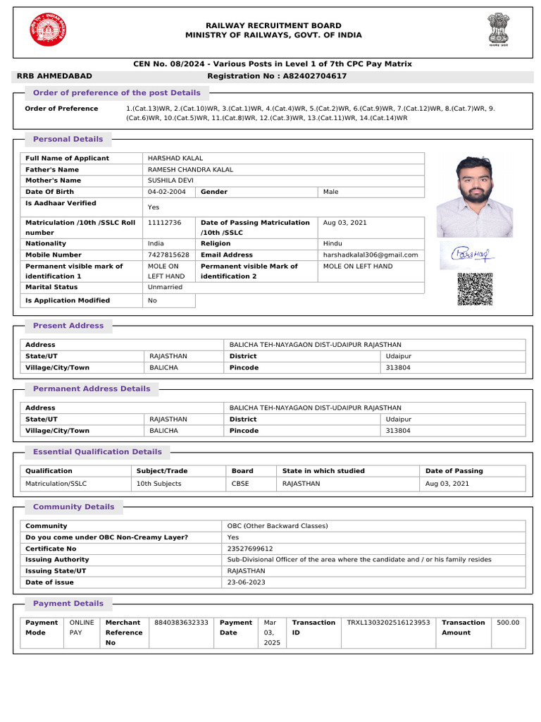 Order of Preference of The Post Details: Railway Recruitment Board ...