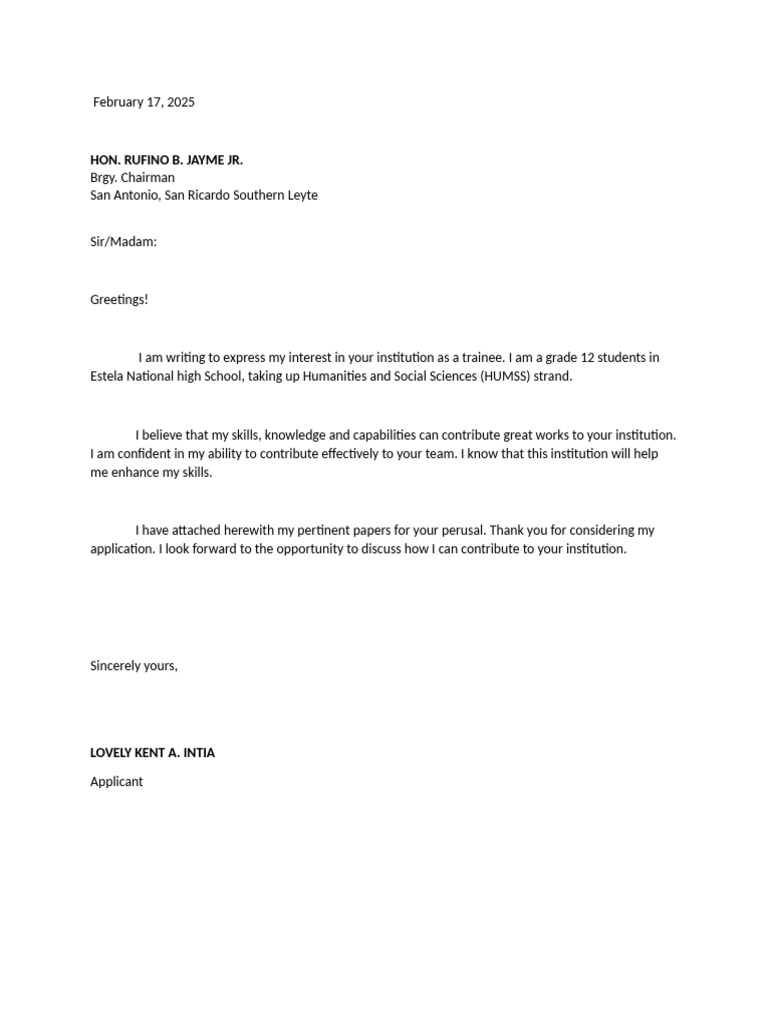 Application Letter For Work Immersion | PDF