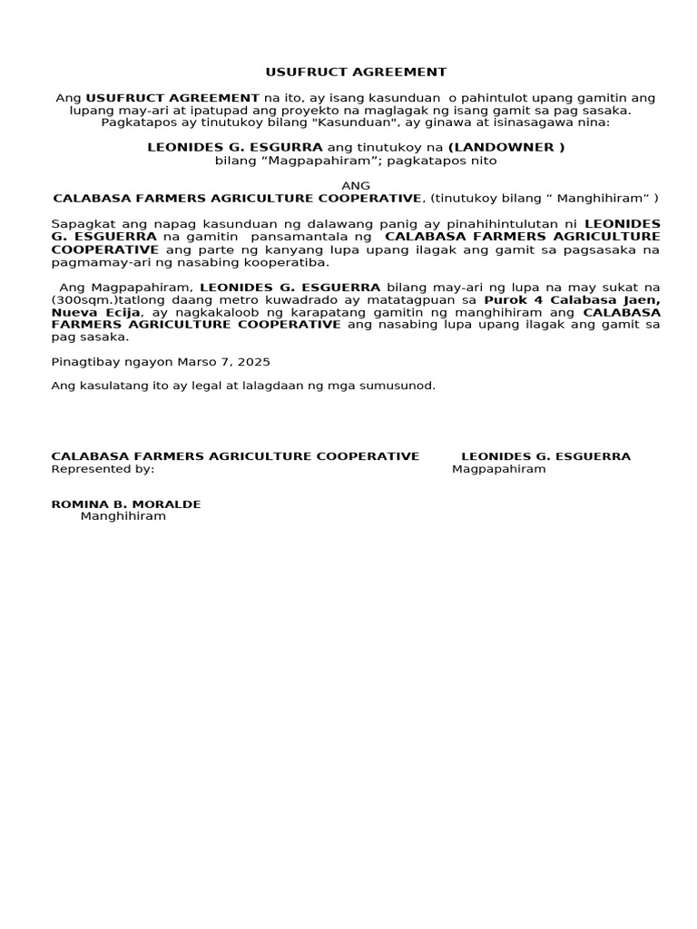 Usufruct Agreement Calabasa | PDF
