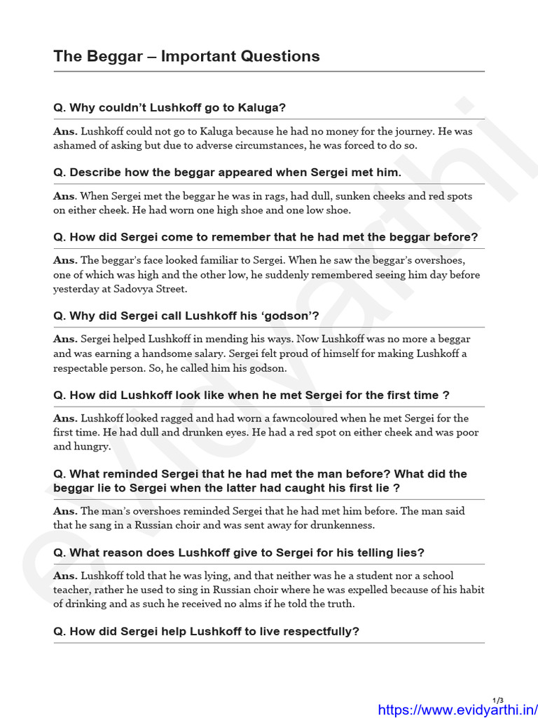 Important Questions on "The Beggar" | PDF