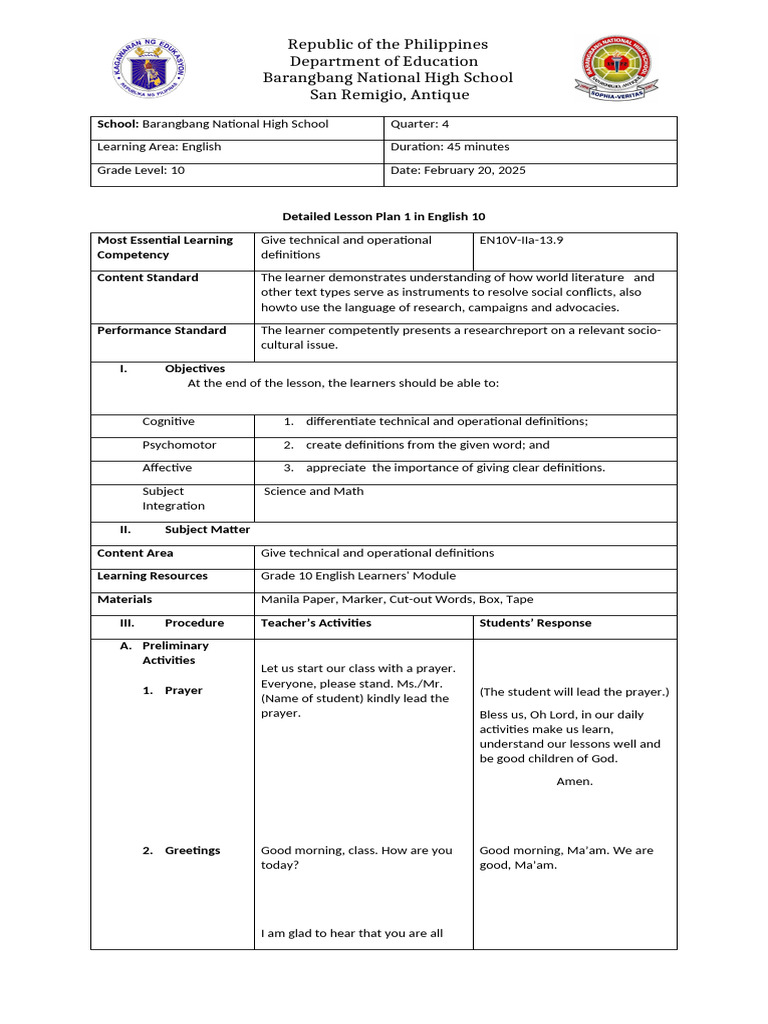 LESSON PLAN 1 G10 REVISED | PDF | Definition | Semantics
