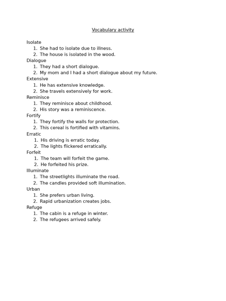 Vocabulary Activity: Word Usage Examples | PDF