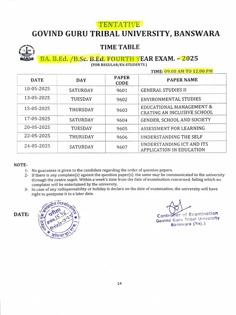 B.A. B.Ed. B.SC. B.Ed. FOURTH YEAR EXAMINATION - 2025 TENTATIVE | PDF ...