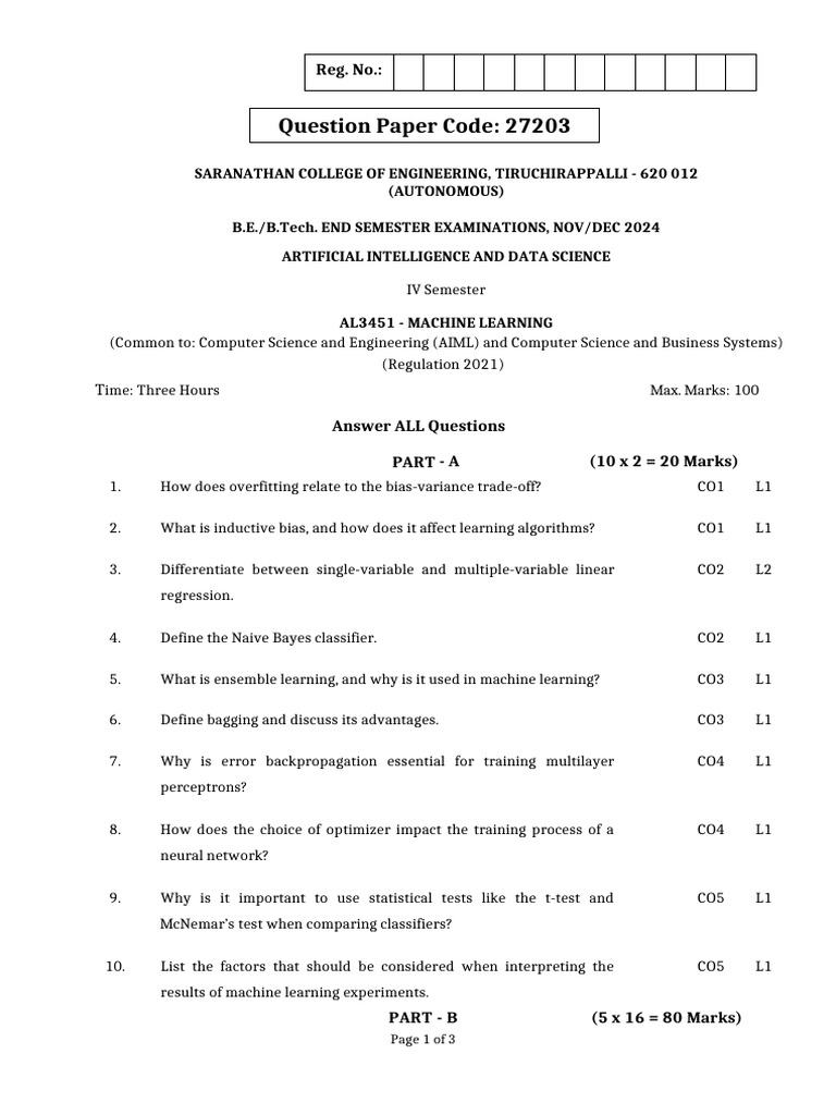 Al 3451-Machine Learning 2025 | PDF | Support Vector Machine | Machine ...