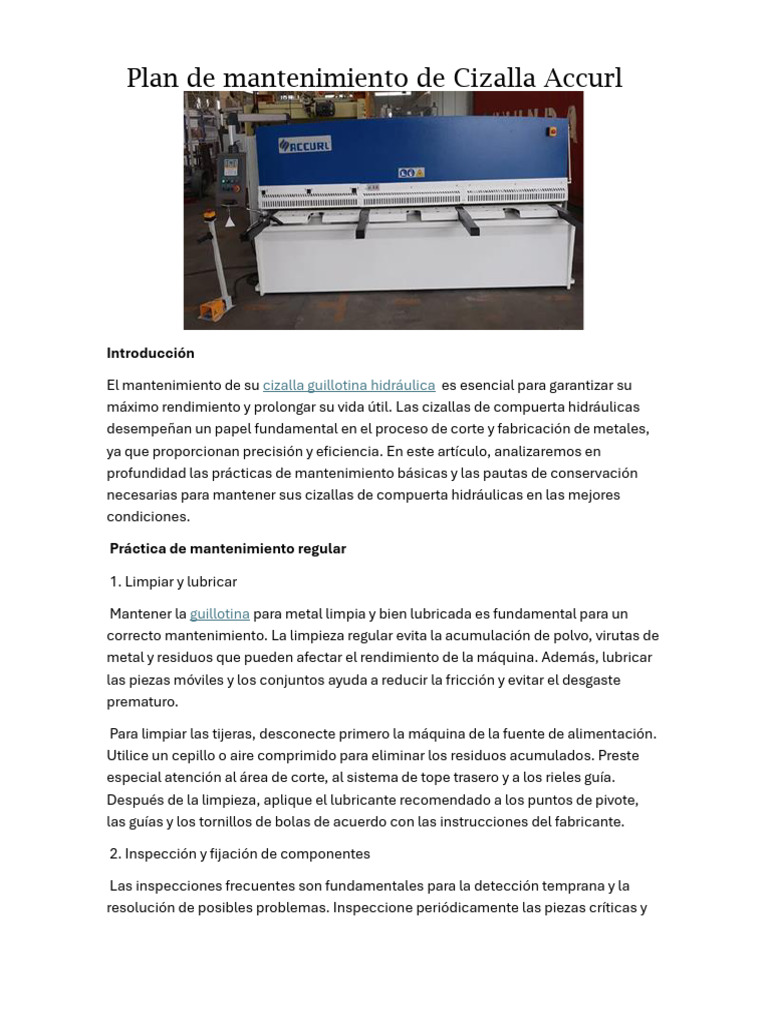 Plan de Mantenimiento Accurl Cizalla | PDF | Tornillo | Hidráulica