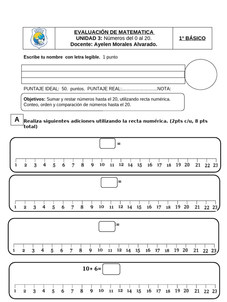 Evaluacion numeros hasta el 20 recta numérica. | PDF
