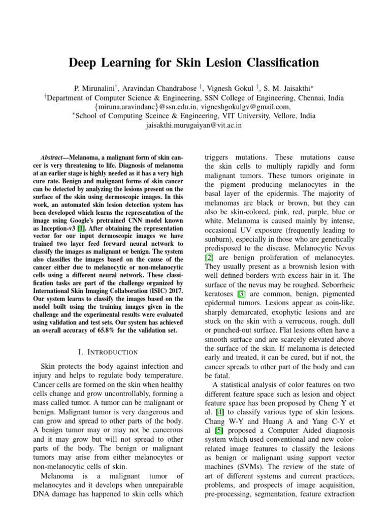 Deep Learning For Skin Lesion Classification | PDF | Melanoma | Neoplasms