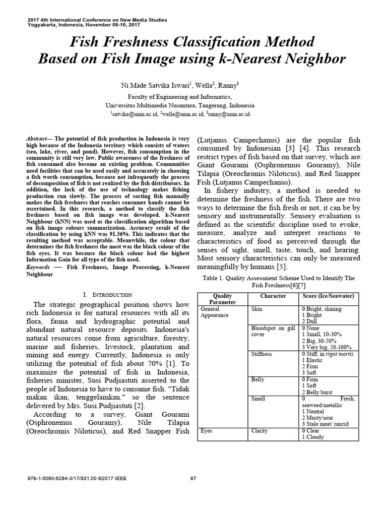 Fish freshness classification method based on fish image using k-Nearest Neighbor | PDF