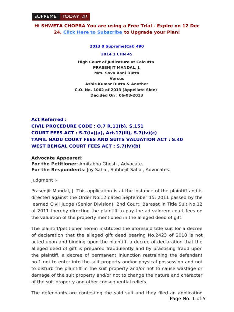 Sova Rani Dutta vs Ashish Kumar Dutta 2013 Supreme Cal 490 | PDF | Lawsuit | Common Law