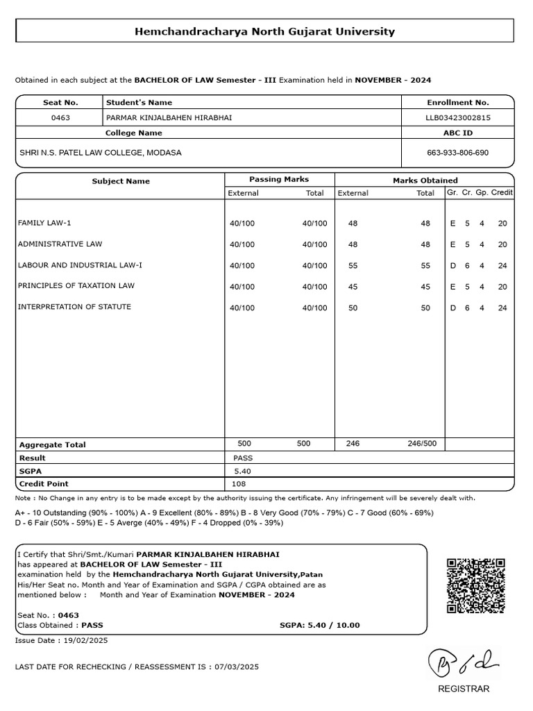 LLB_3_2024 - Marksheet | PDF | Qualifications | Legal Education
