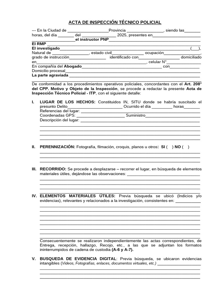Acta de Inspección Técnico Policial ITP PESQUISAS - Yury Toscano JURISPOL | PDF
