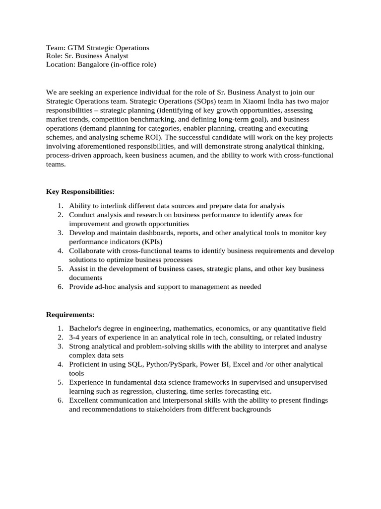 SR Business Analyst JD 20241008 | PDF