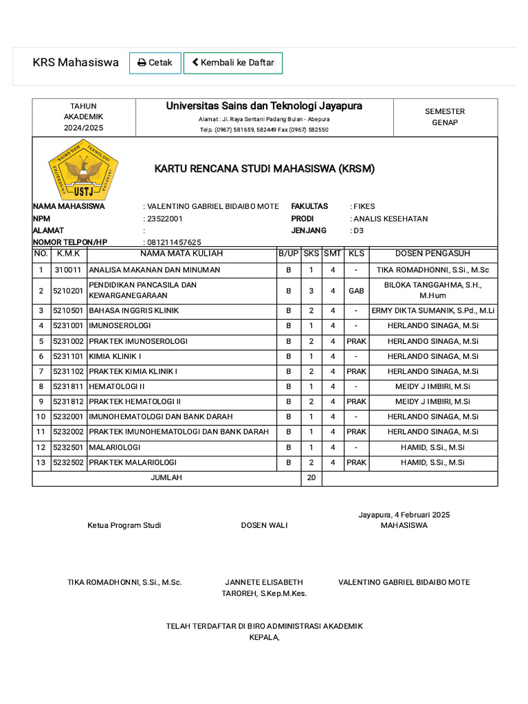 KRS Mahasiswa Sementara 4 | PDF