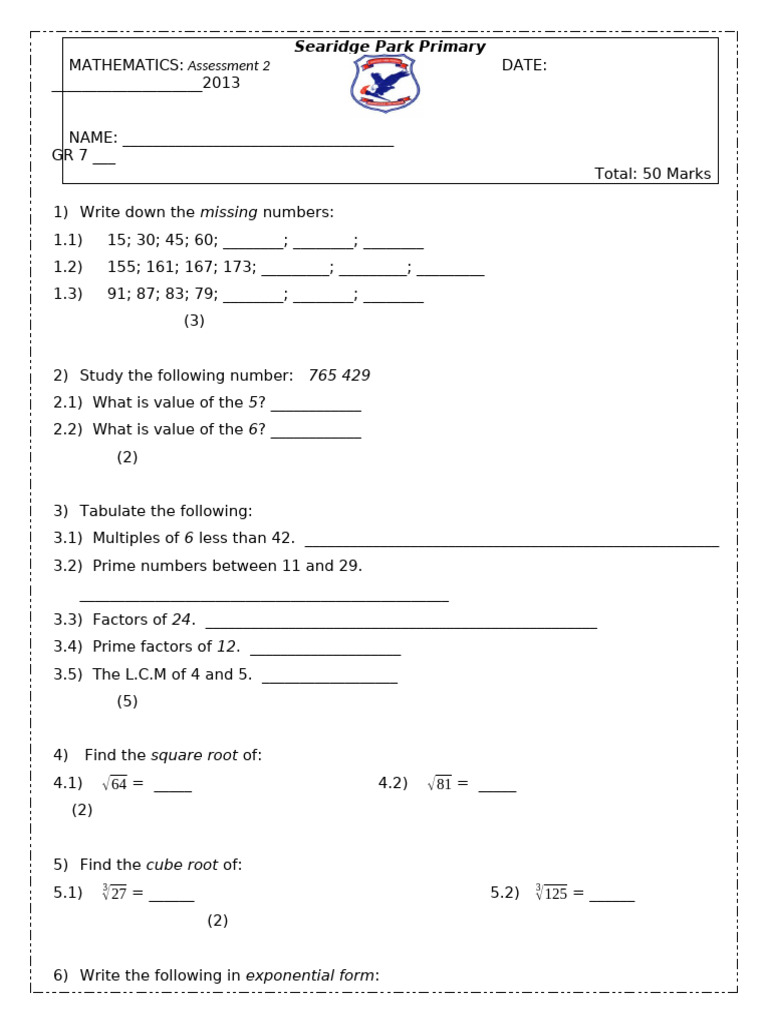 Grade 7 Mathematics Assessment | PDF | Numbers | Arithmetic