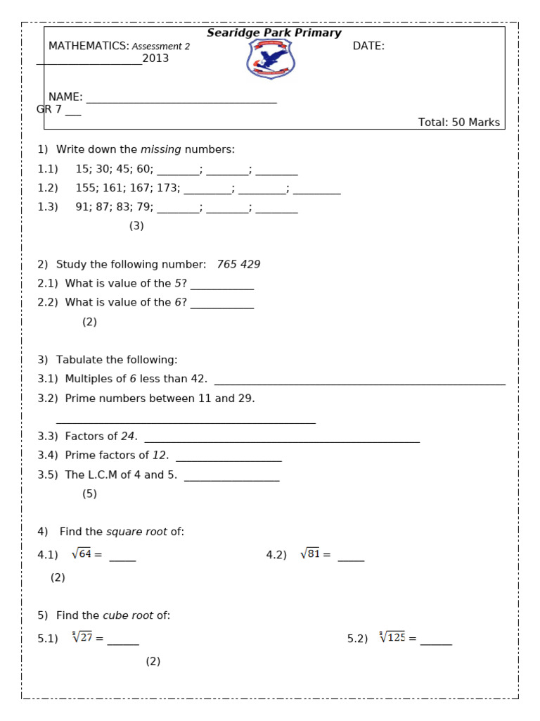 Mathematics Assessment 2 - Gr7 | PDF | Numbers | Arithmetic