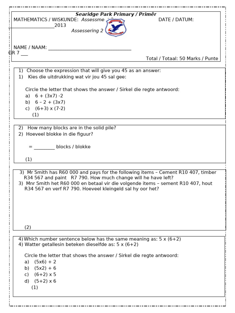 Mathematics Assessment 2 - Gr7 | PDF | Geometric Shapes | Elementary ...