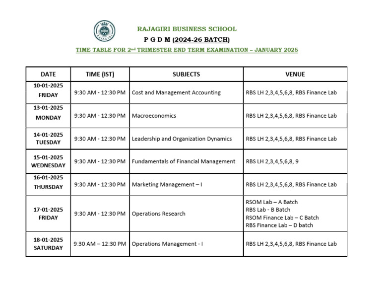 Rajagiri PGDM 2024-26 Exam Timetable | PDF