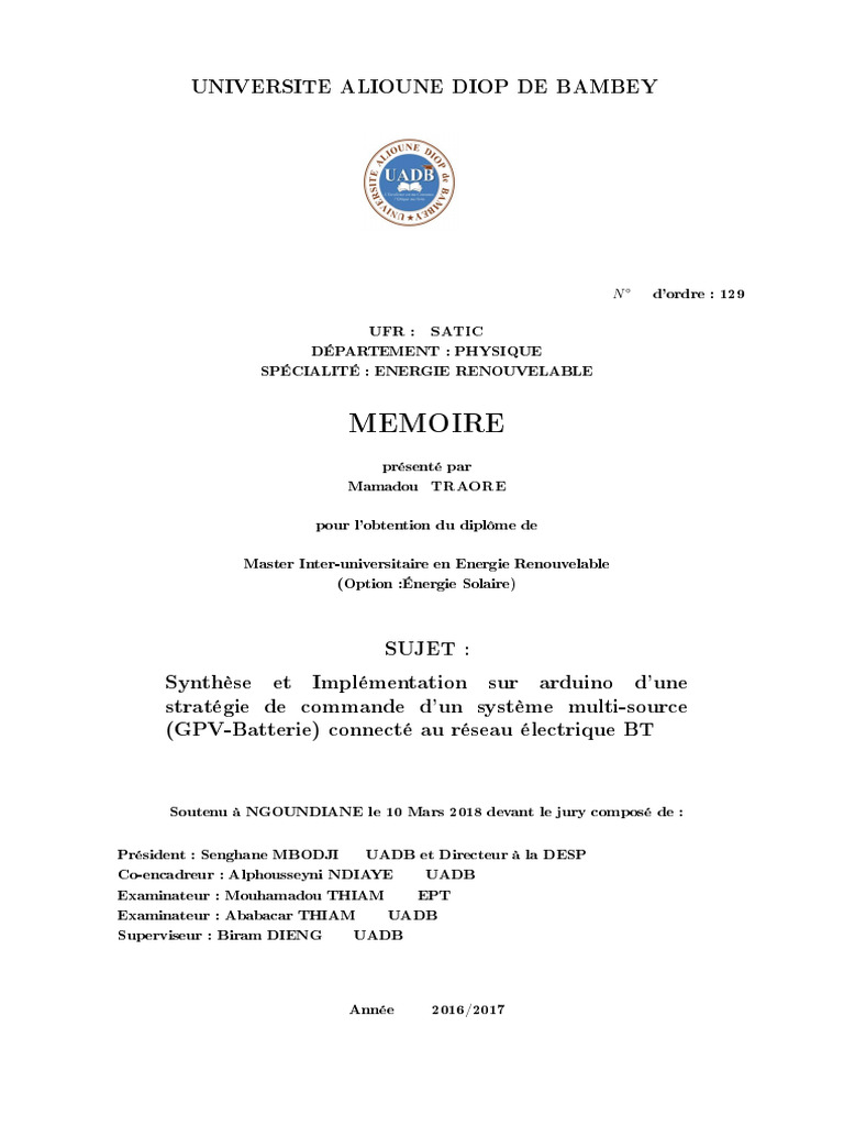 Memoire de TRAORE document final | PDF | Économie énergétique | Stockage de l'énergie