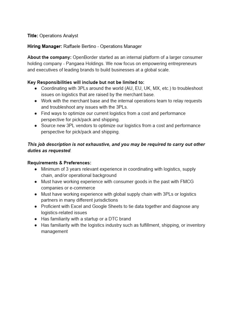 Job Description - Operations Analyst | PDF