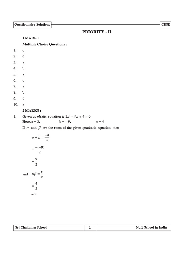 CBSE MATHS (Phase - I) X Class QUADRATIC EQUATIONS (PRIORITY - II ...