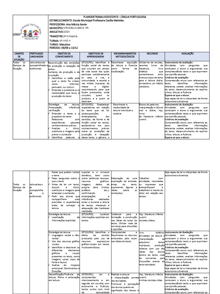 PTD 3º trimestre 4º ANO A | PDF | Pronome | Fluência