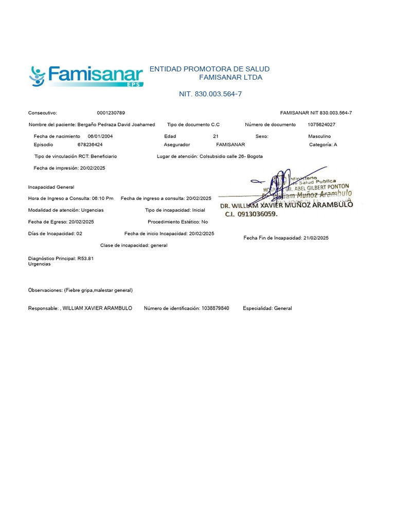 Incapacidad Orignial Famisanar | PDF