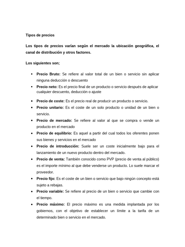 Tipos de precios en el mercado | PDF