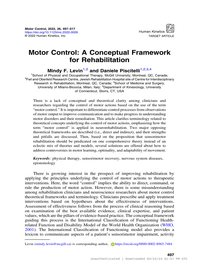 Motor Control A Conceptual Framework for Rehabilitation. | PDF ...