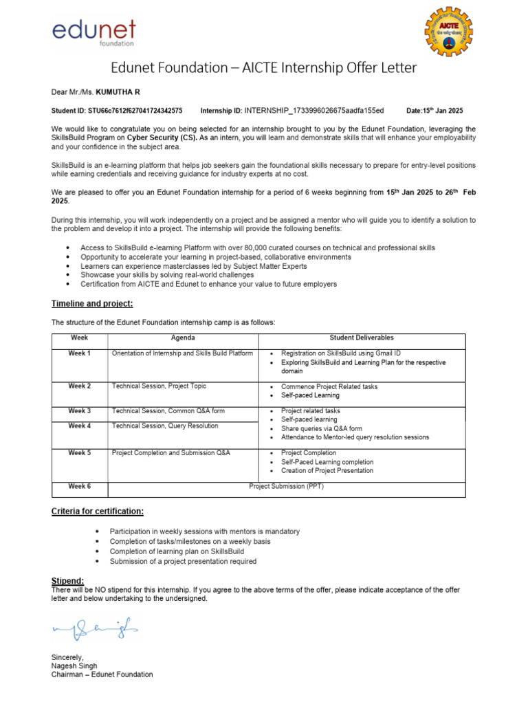 AICTE B4 Offer Letter 4001-6K-1869 | PDF | Educational Technology ...