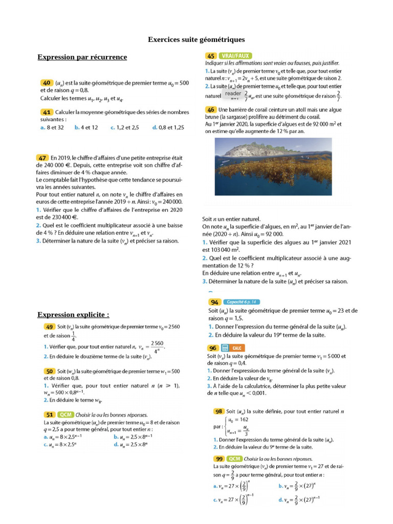 Exercices sur les suites géométriques | PDF